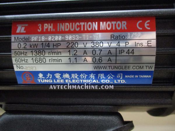 PF18-0200-90S3-T1-Y1 Tung Lee Induction Motor With Speed Reducer 1/4HP